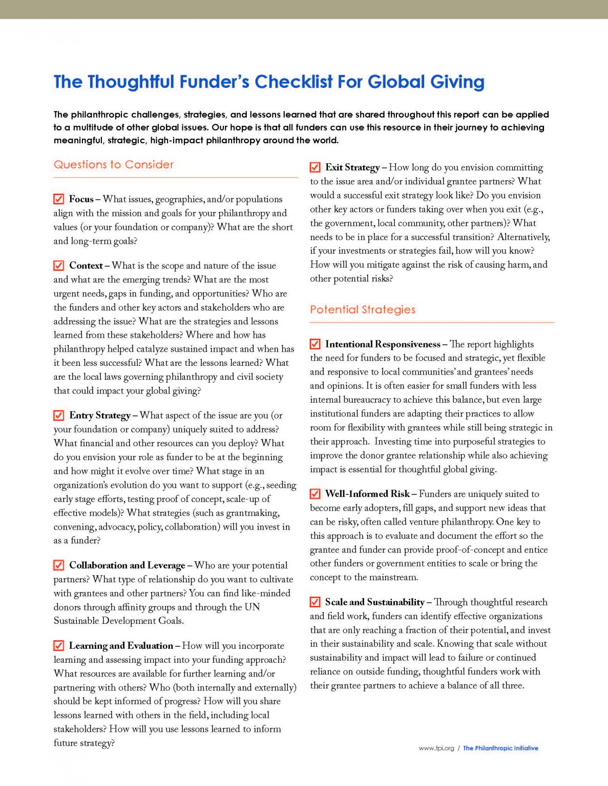 Part 1: The Thoughtful Funder’s Checklist for Global Giving - The ...